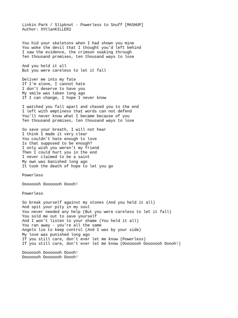 Linkin Park Slipknot - Powerless To Snuff | PDF | Poetry | General Fiction