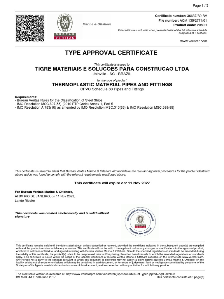 CPVC Schedule 80 Pipe Approval Certificate | PDF