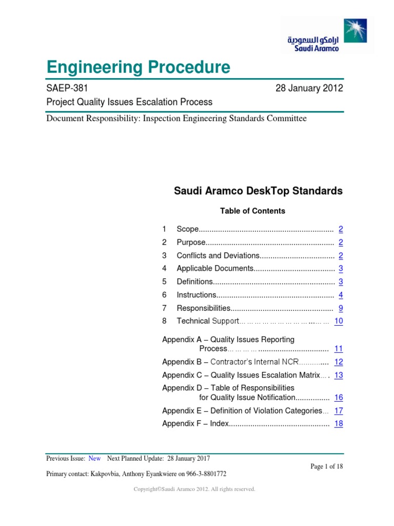 SAEP-381 Project Quality Issues Escalation Process | PDF | Quality ...