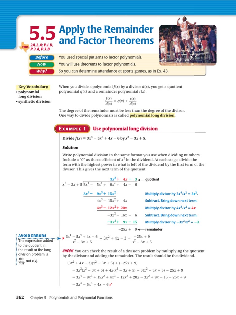 Apply The Remainder and Factor Theorems: Before Now Why? | PDF | Factorization | Division ...
