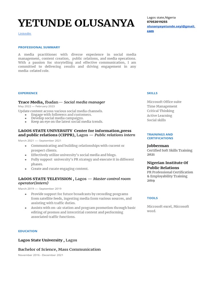 Olusanya Yetunde Resume | PDF | Public Relations | Social Media
