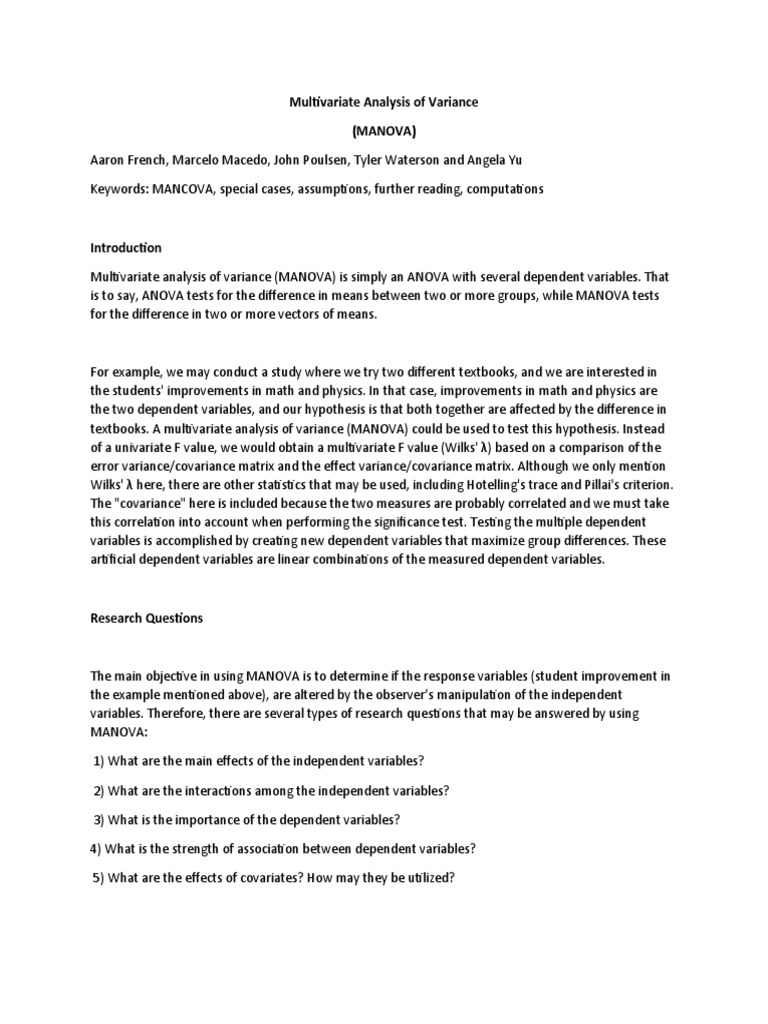 Note Multivariate Analysis of Variance | PDF | Variance | Analysis Of Variance