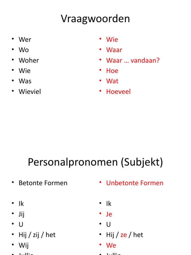 Vraagwoorden, Pronomina, Werkwoorden Presens Nov 2022 | PDF