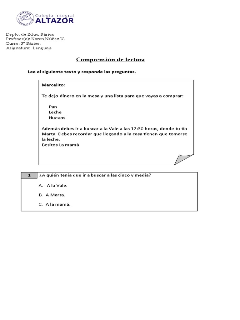 Comprension de Textos 3° | PDF
