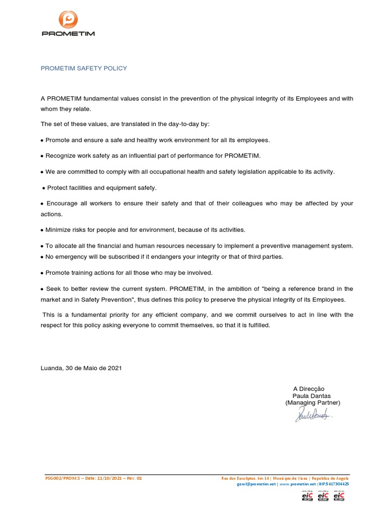 PSG002 PROM.S - Safety Policy | PDF | Technology & Engineering