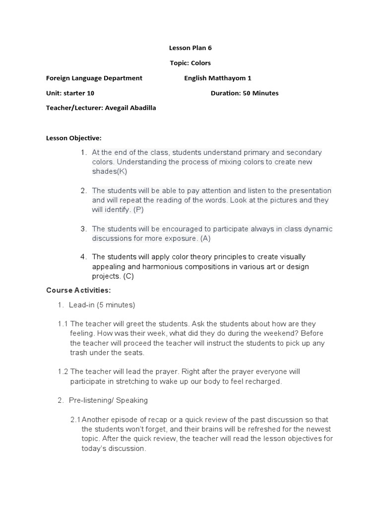 Lesson Plan 6 - Colors | Download Free PDF | Color | Teachers