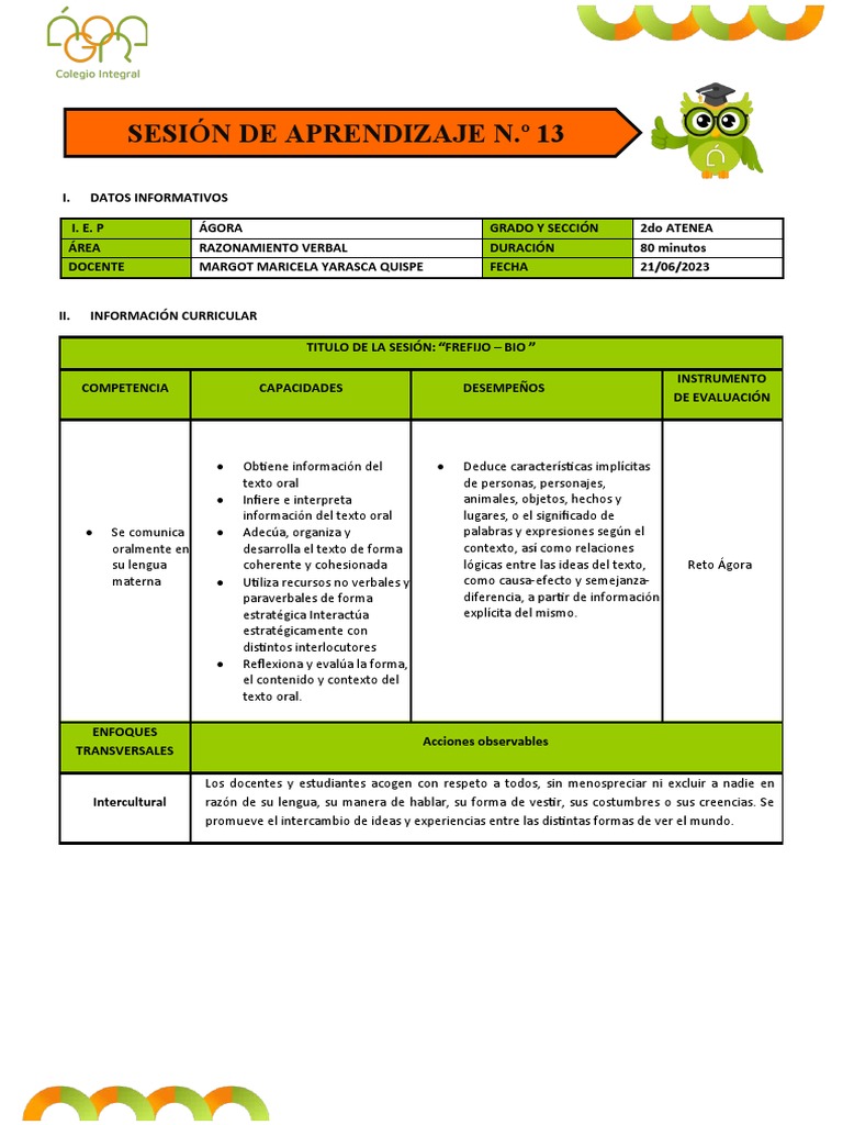 Sesión de Aprendizaje - Raz - Verbal #13 | PDF | Aprendizaje | Evaluación