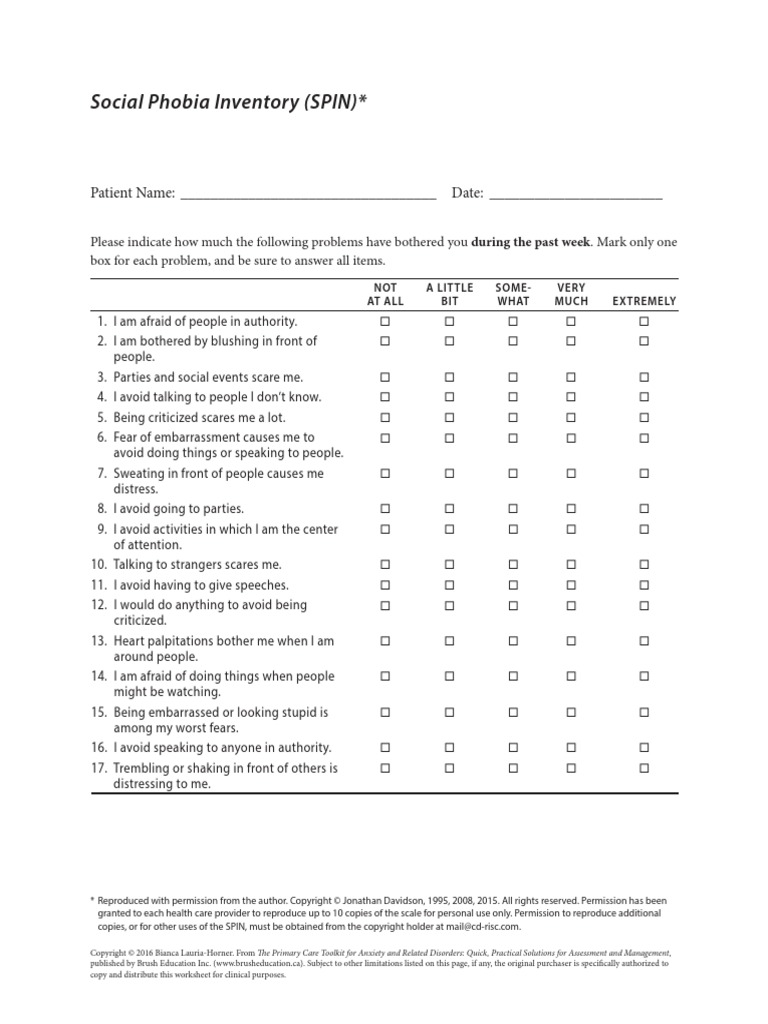 Appendix XXIII - Social Phobia Inventory (SPIN) | PDF | Anxiety ...