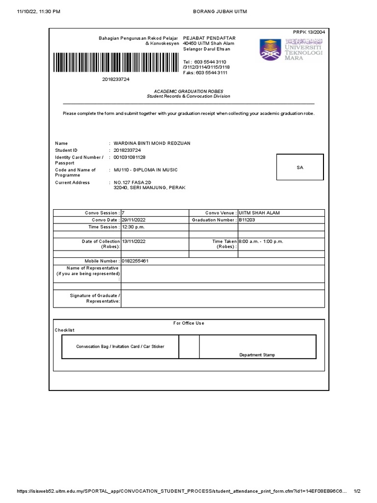 UiTM Convocation Robe Collection Form | PDF | Authentication | National ...