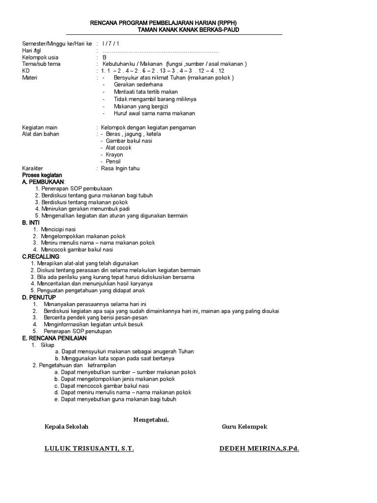 RPPH 3 Tema Kebutuhanku Usia 5-6 Tahun Semester I | PDF