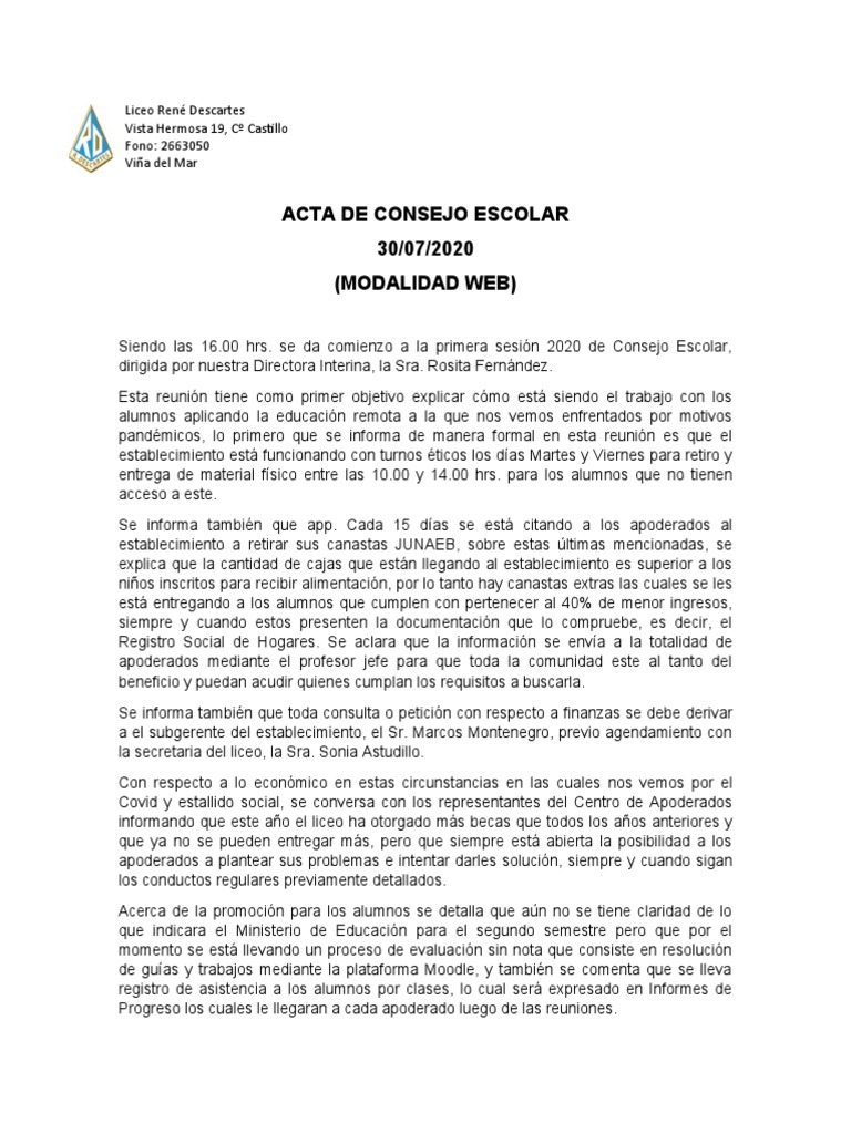 Acta Consejo Escolar 30 de Julio 2020 | PDF
