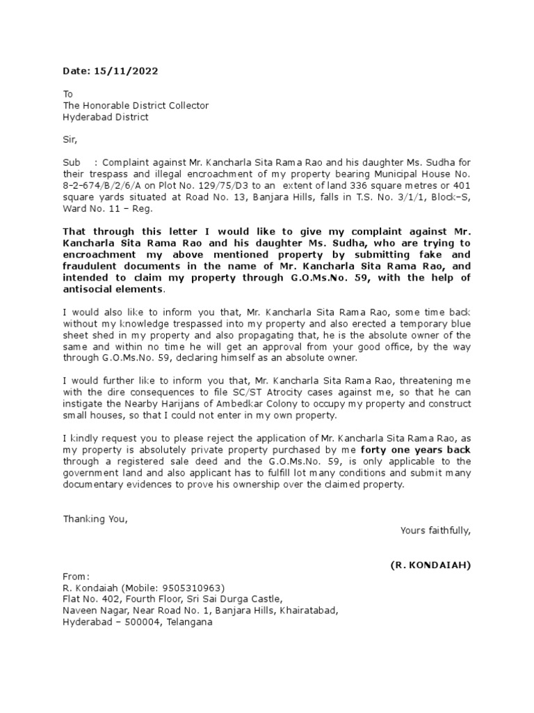 Hyderabad District Collector-Letter 5 | PDF