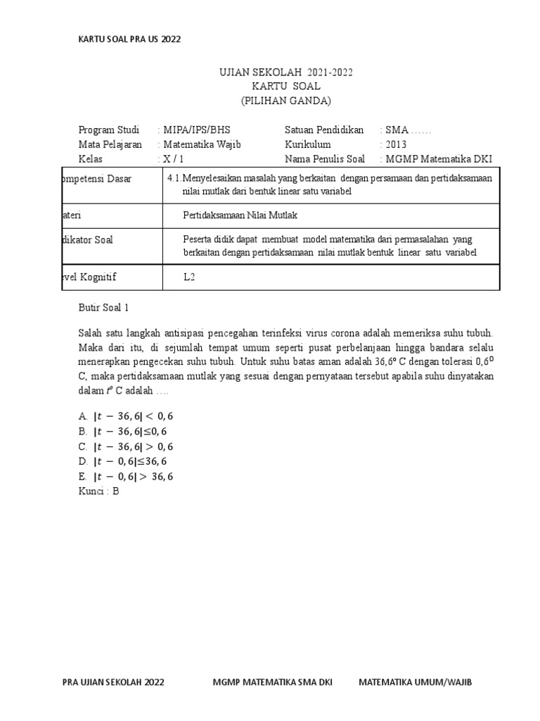 KARTU SOAL MATEMATIKA UMUM (WAJIB) 2021-2022 MGMP DKI-PAKET A (Revisi) | PDF
