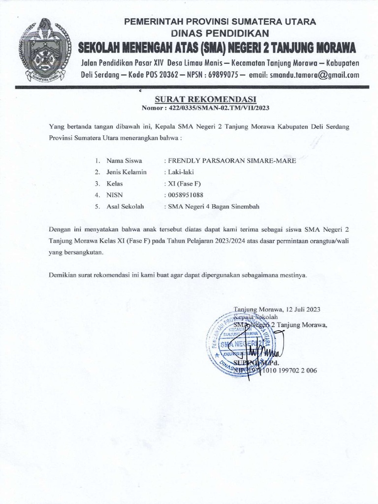 Surat Rekomendasi Frendly Parsaoran Simare-Mare - 025201 | PDF