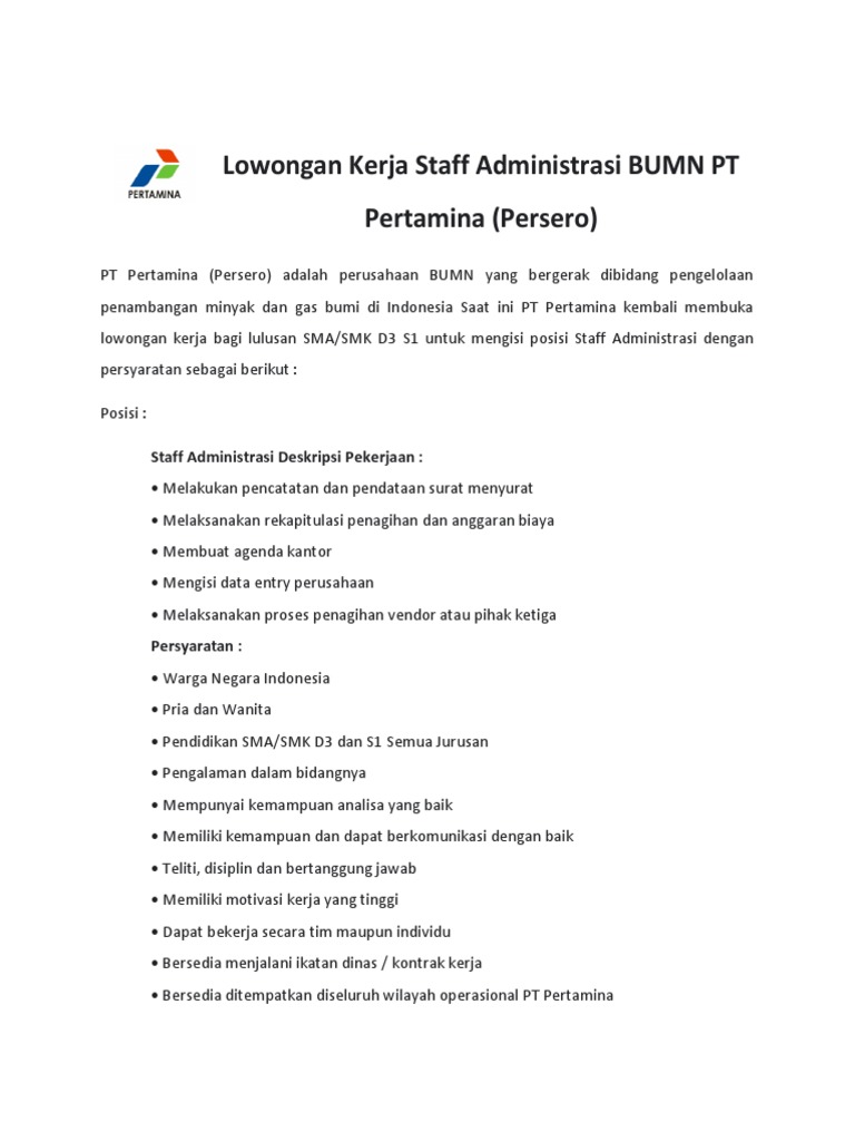 Lowongan Kerja Staff Administrasi BUMN PT Pertamina - 071840 | PDF