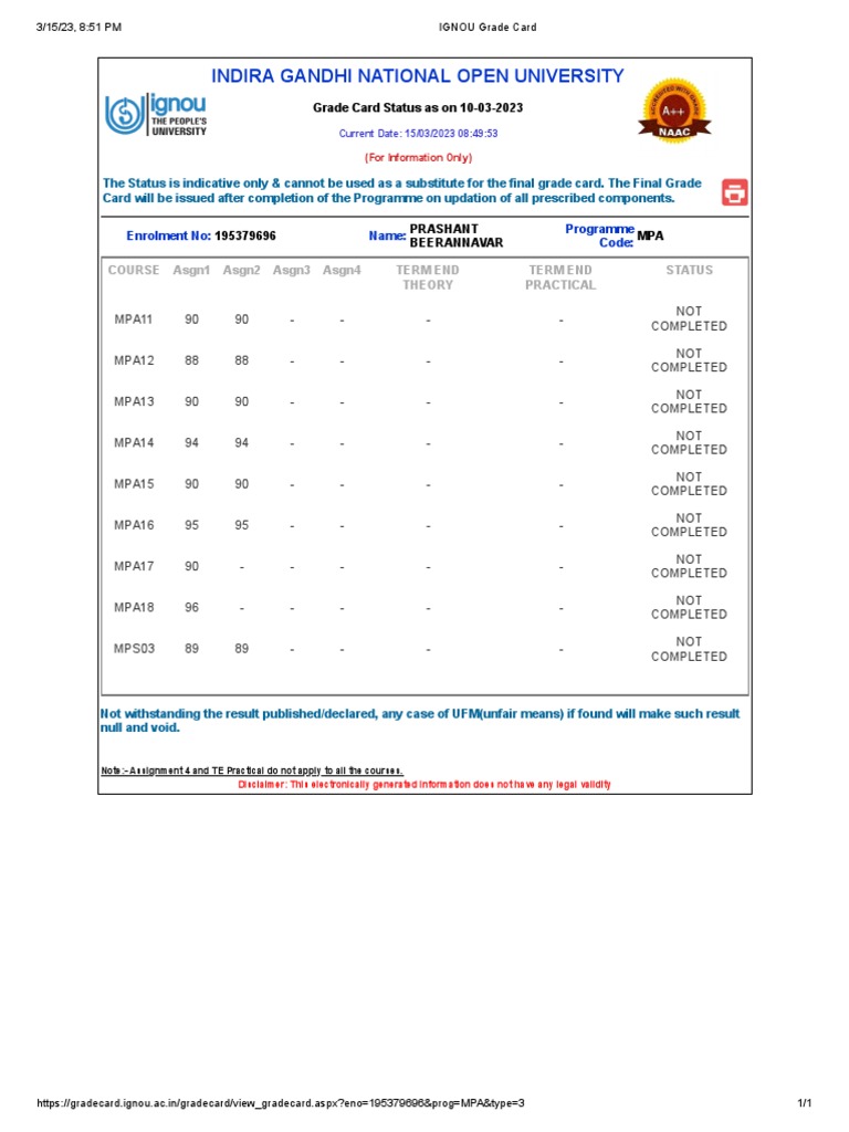 Ignou Grade Card Pdf Computer Programming Computing 1305