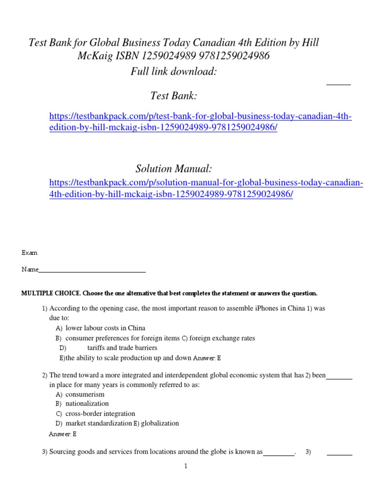 Global Business Today Canadian 4th Edition by Hill McKaig ISBN Test ...