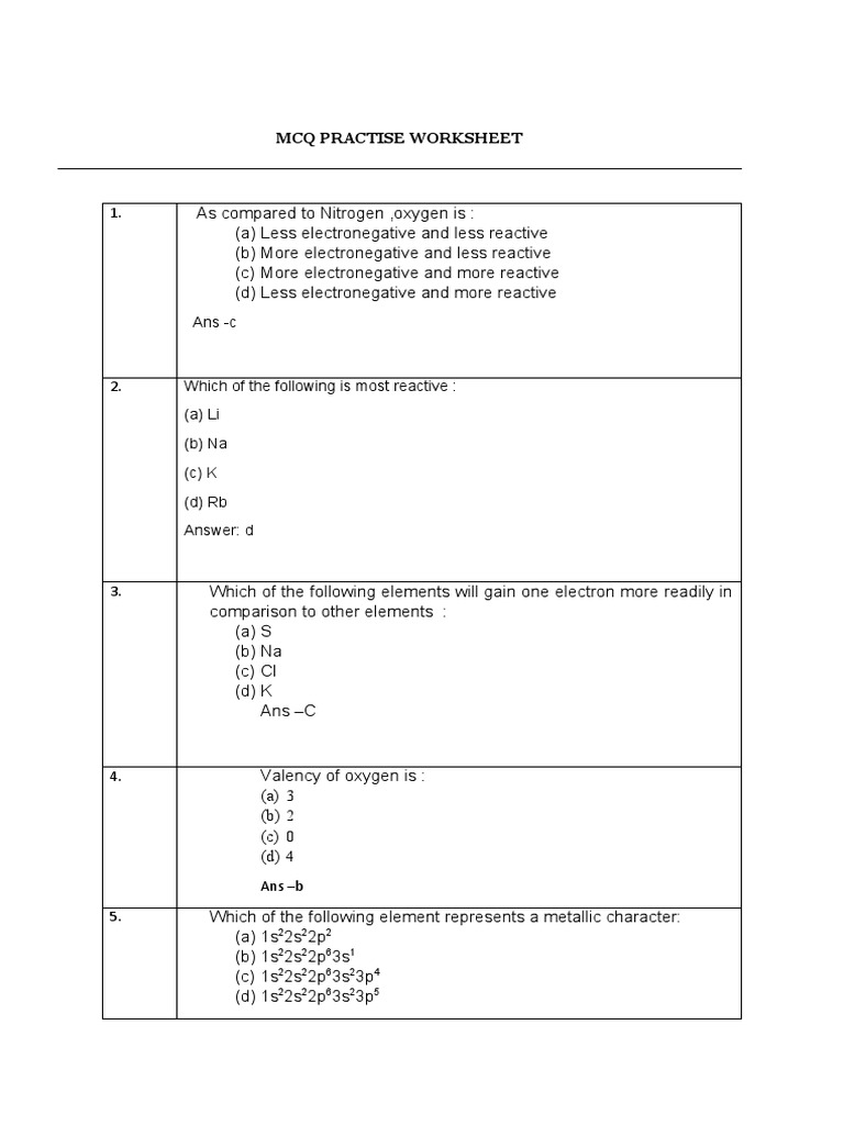 Chemistry MCQ Worksheet: Reactivity & Periodic Trends | PDF | Chlorine ...