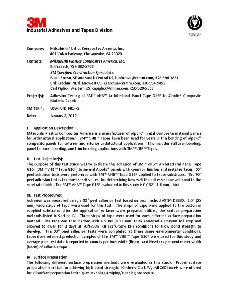 #15 Adhesion Test Report (3M VHB APT & Alpolic Panels) | PDF | Adhesive ...
