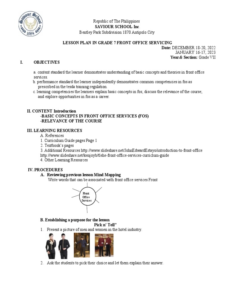 Grade 7 Front Office Services Guide | PDF | Learning | Lesson Plan