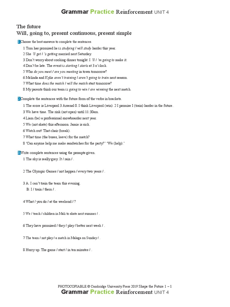 Shape The Future 1 - Grammar Practice Reinforcement - Unit 4 - Without ...