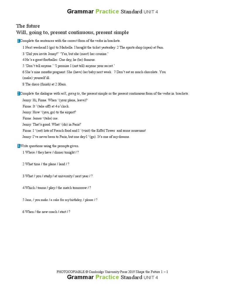 Shape The Future 1 - Grammar Practice Standard - Unit 4 - Without Answers | PDF