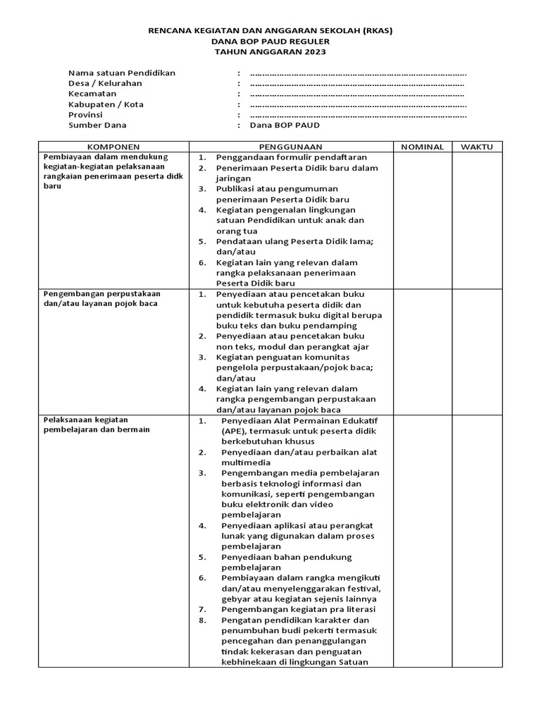 RKAS Dana BOP PAUD 2023 | PDF