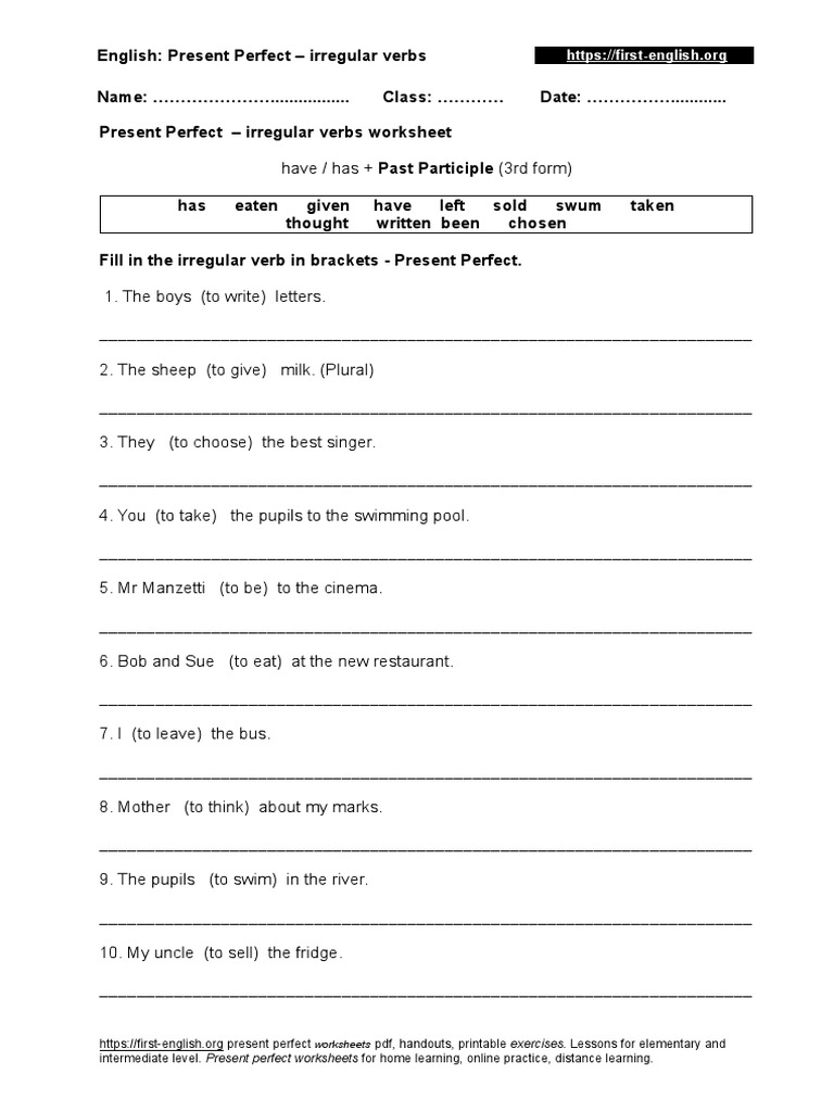 Present Perfect 21 Irregular Verbs Worksheet | PDF