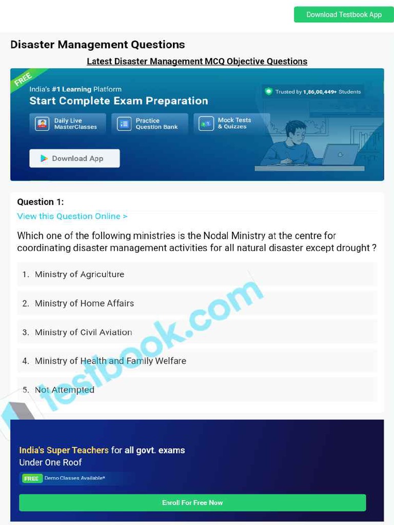 MCQ On Disaster Management 6257fb687e75be0ee034714b | PDF