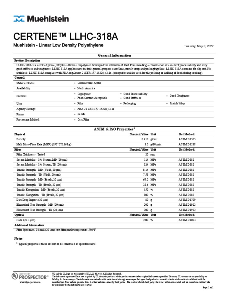 Certene™ Llhc-318a | PDF | Ultimate Tensile Strength | Pascal (Unit)