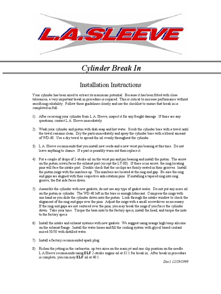Cylinder Break in Install | PDF | Piston | Cylinder (Engine)