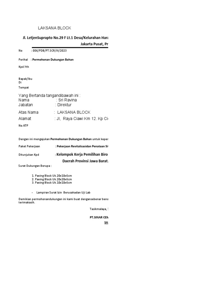 Permohonan Paving Block PT - Sinar Cempaka Raya | PDF