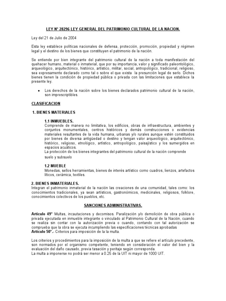 Resumen Ley 28296 | PDF | Patrimonio cultural | Multa (pena)