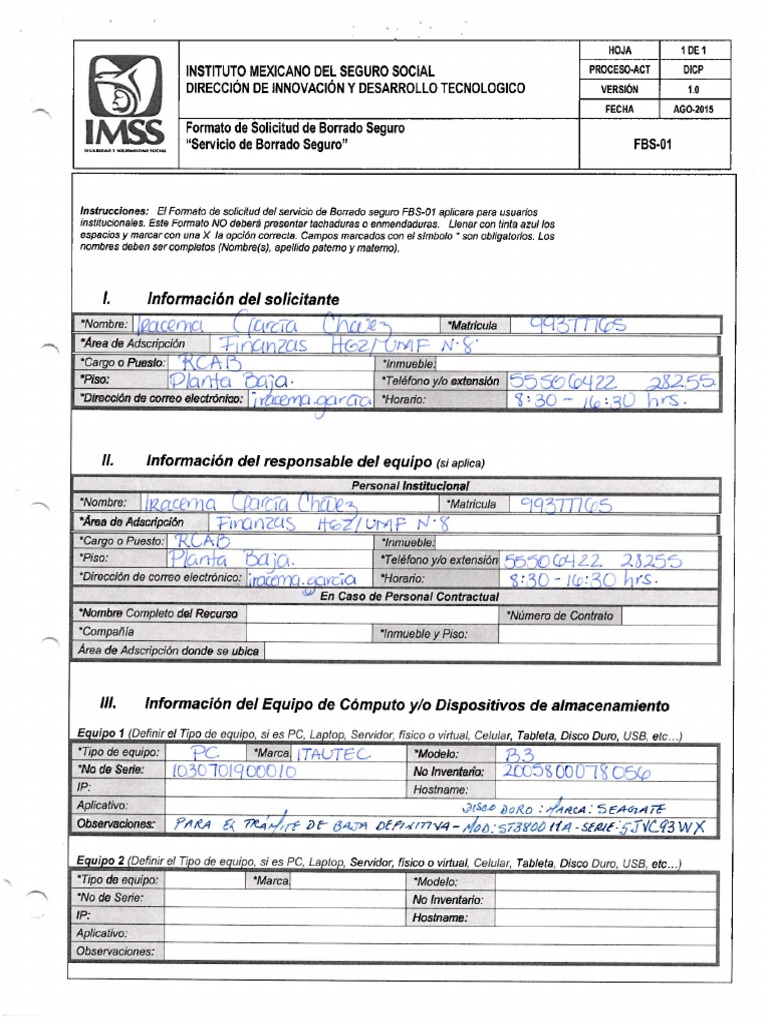 SOPORTE UNIDAD - Formato de Solicitud de Borrado Seguro FBS-0 | PDF