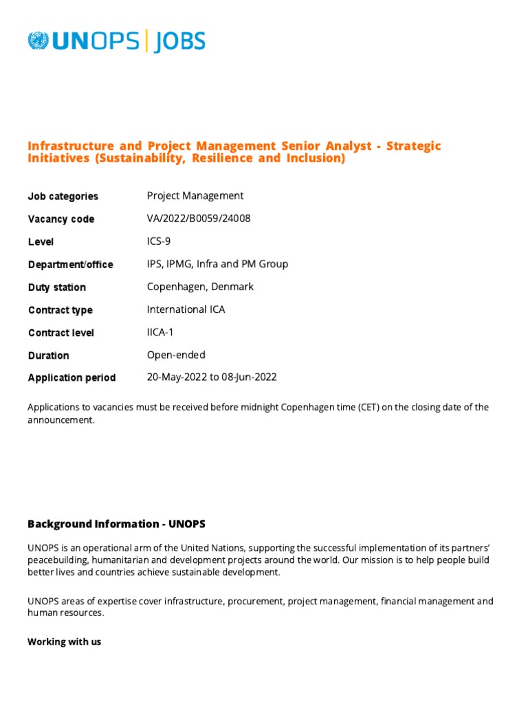 UNOPS Jobs - Vacancy - Infrastructure and Project Management Senior ...