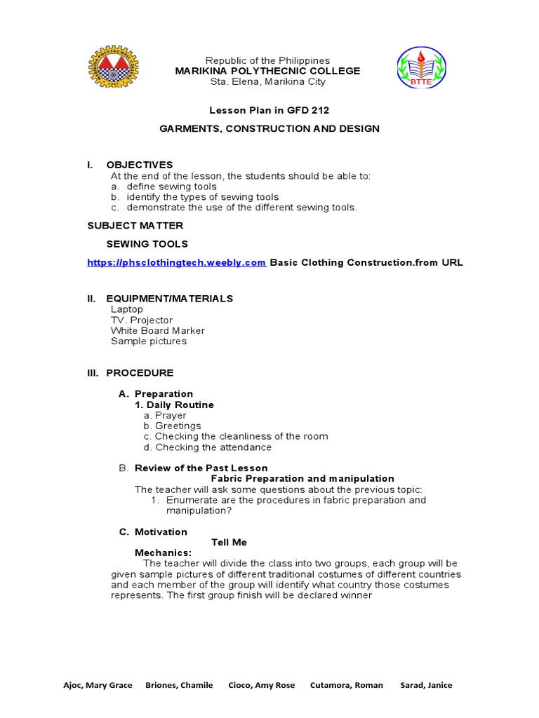 Lesson Plan S'Maramag 2 | PDF | Seam (Sewing) | Sewing