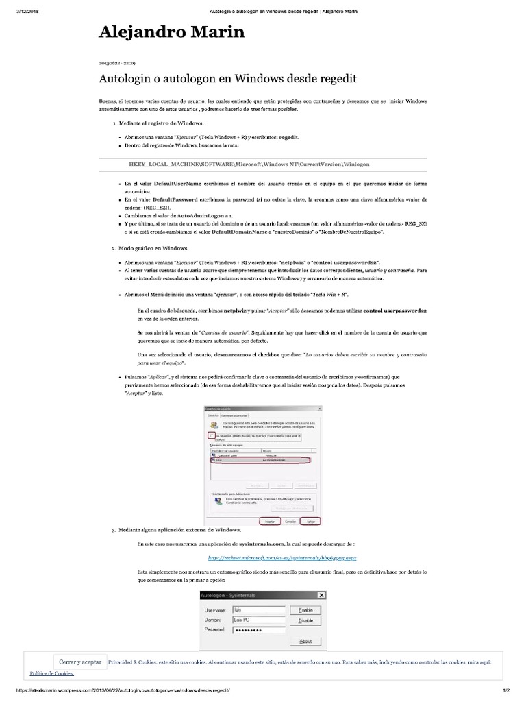 Autologin o Autologon en Windows Desde Regedit - Alejandro Marin | PDF