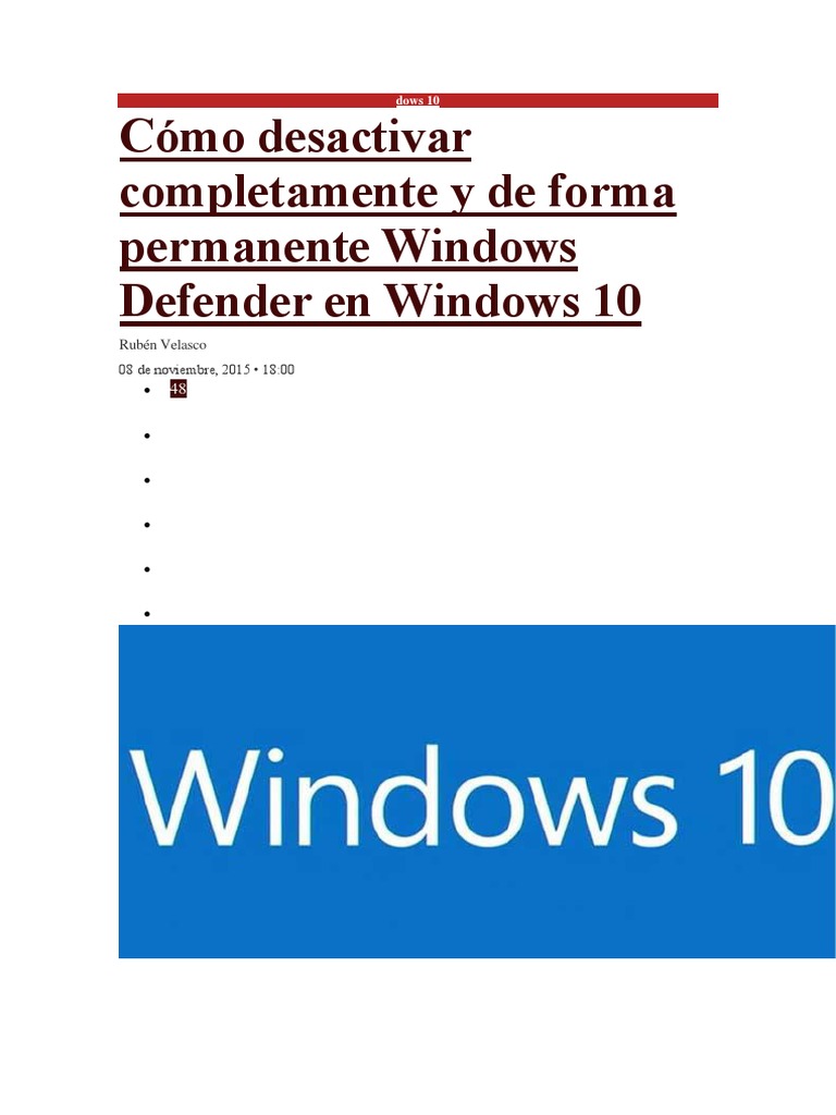 Cómo Desactivar Completamente y de Forma Permanente Windows Defender en Windows 10 | PDF ...