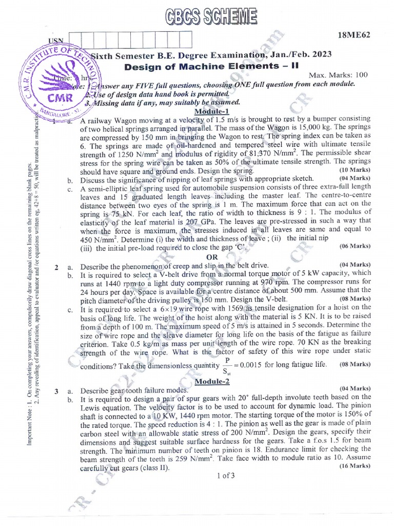 VTU Question Paper of 18ME62 Design of Machine Elements II Jan-Feb-2023 ...