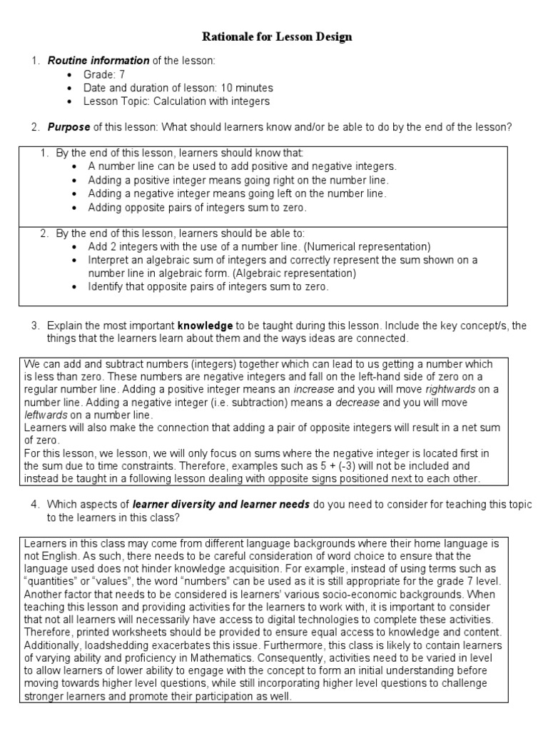 Rationale For Lesson Design (Integers) | PDF | Numbers | Learning