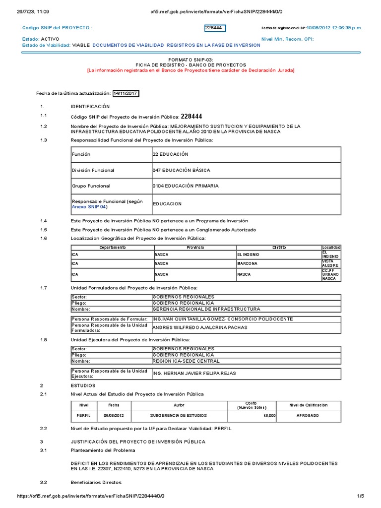 Ficha Snip 228444 | PDF | Salón de clases