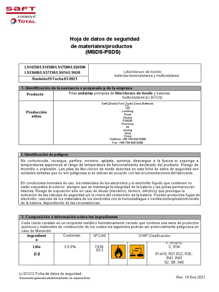 MSDS-SAFT Español EXS | PDF | Agua | Cloro