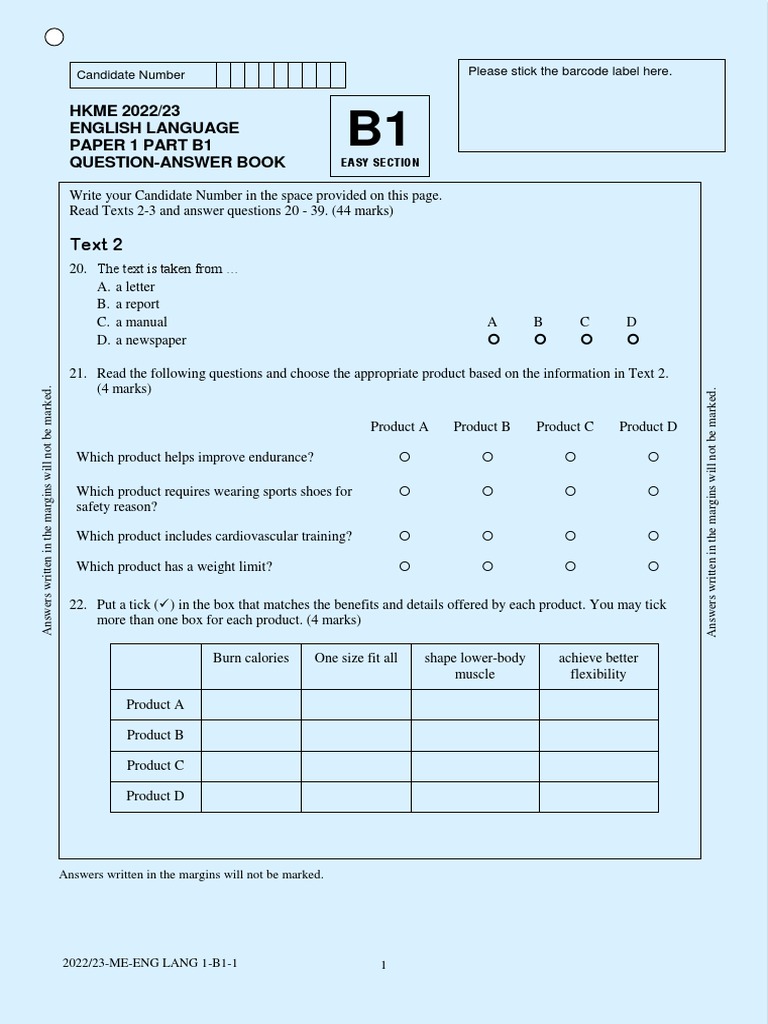 Hkme2022 Eng p1 b1 Qa | PDF