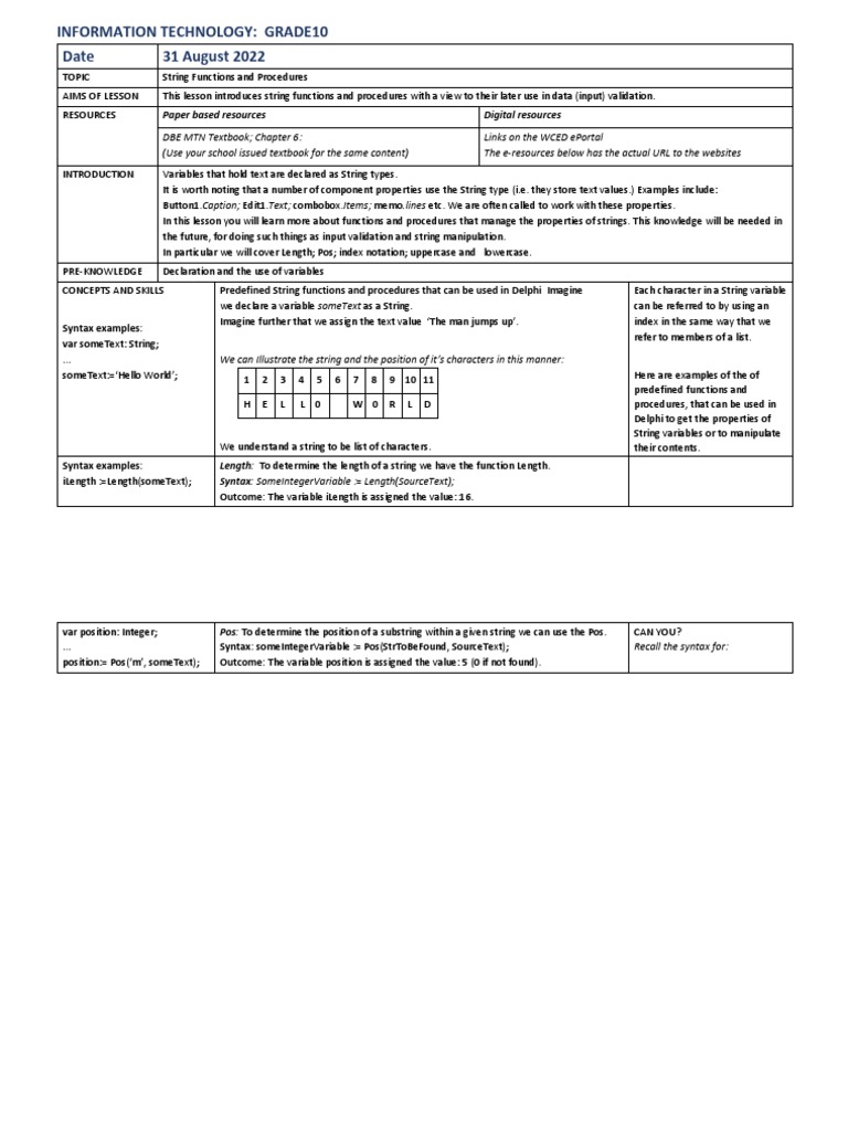 String Functions Lesson Plan | PDF | String (Computer Science ...