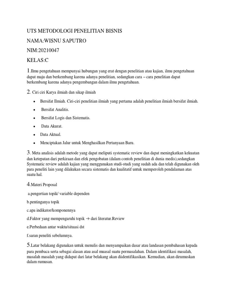 Uts Metodologi Penelitian Bisnis Wisnu Saputro 20210047 | PDF | Karier & Perkembangan ...