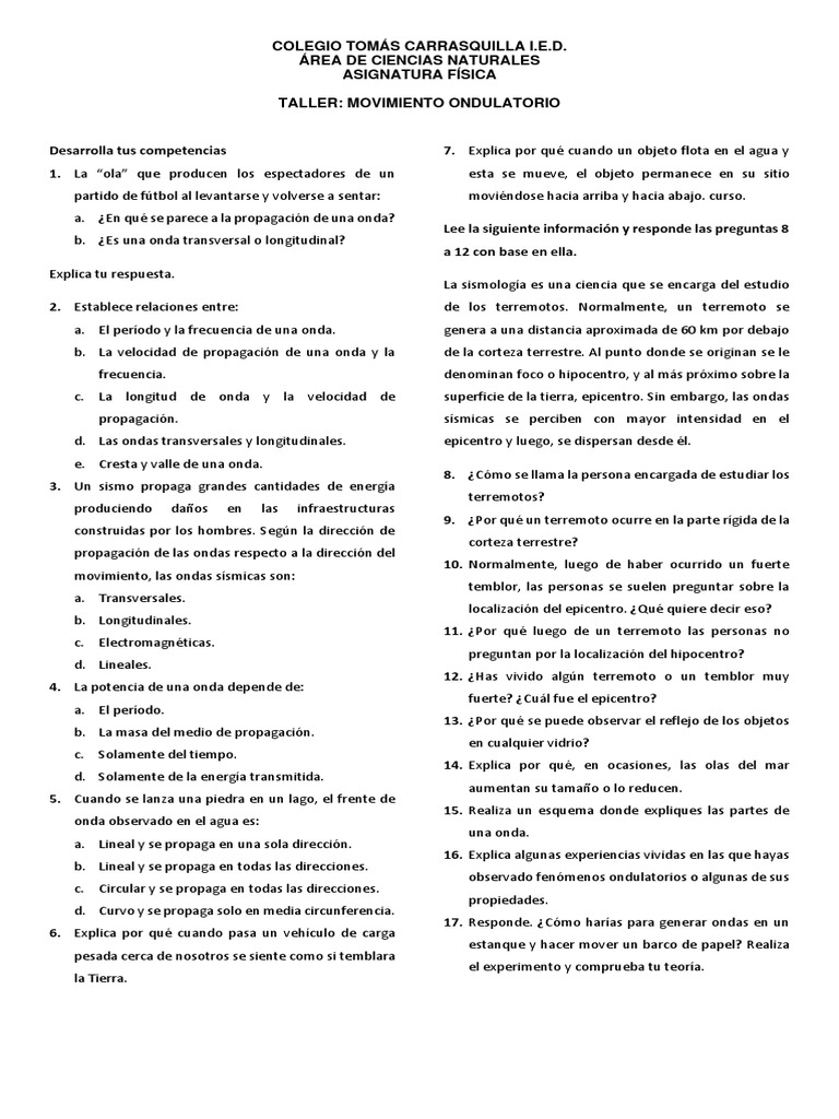 Taller Movimiento Ondulatorio | PDF | Olas | Longitud de onda