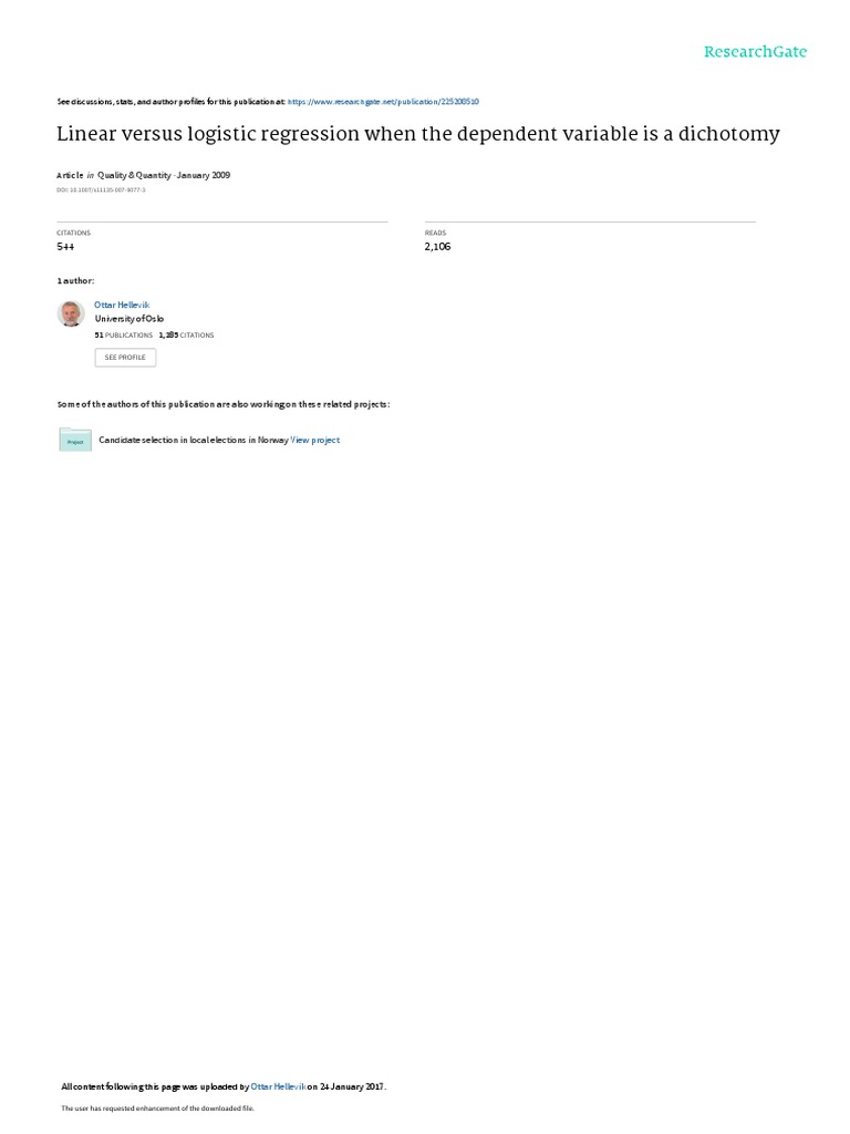 Linear Versus Logistic Regression When The Depende | PDF | Regression Analysis | Logistic Regression
