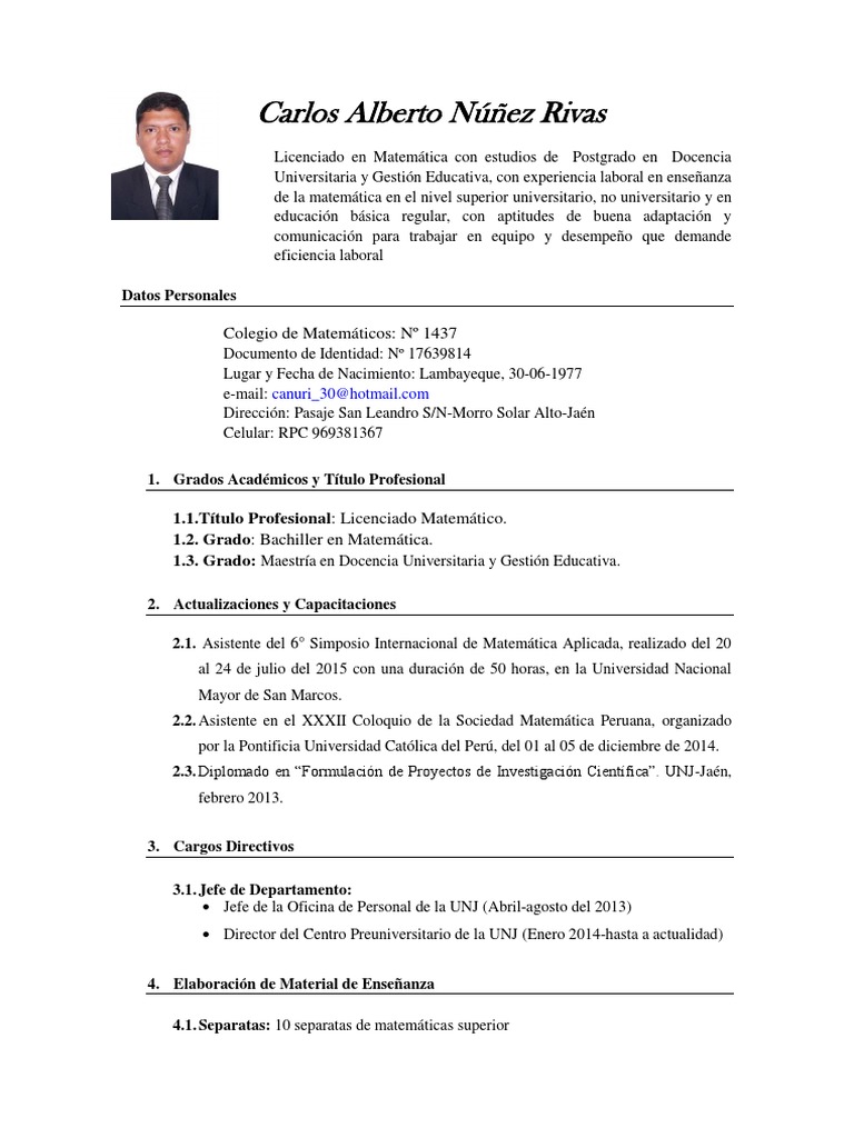 Perfil Profesional de Carlos Núñez Rivas | PDF | Maestros | Universidad