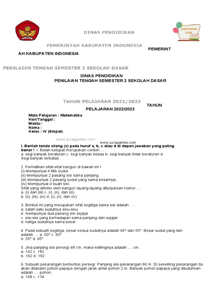 Soal PTS-Matematika Kelas 4 Semester 2 Tahun Ajaran 2022-2023 | PDF