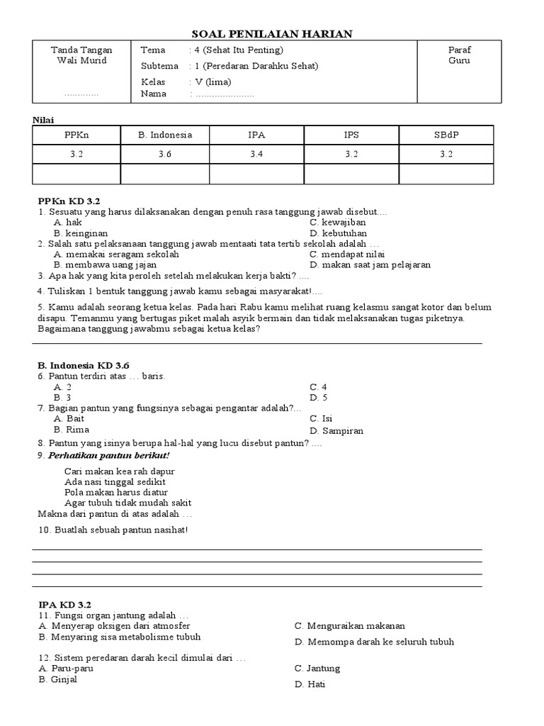 Soal Penilaian Harian Kelas 5 Tema 4 Subtema 1 | PDF